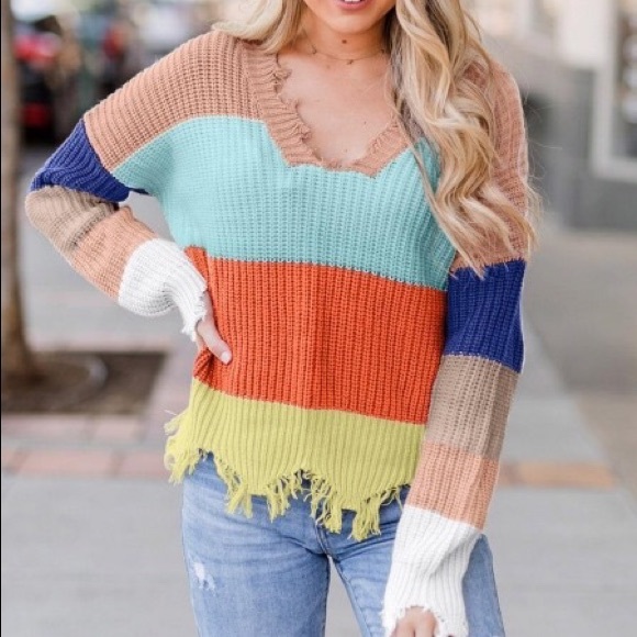 Sweaters | Apricot Color Block Distressed Sweater | Poshmark